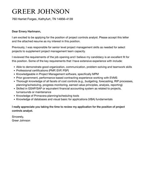 Project Controls Analyst Cover Letter Velvet Jobs