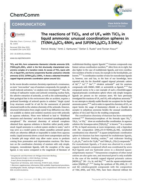 Pdf The Reactions Of Ticl3 And Of Uf4 With Ticl3 In Liquid Ammonia Unusual Coordination