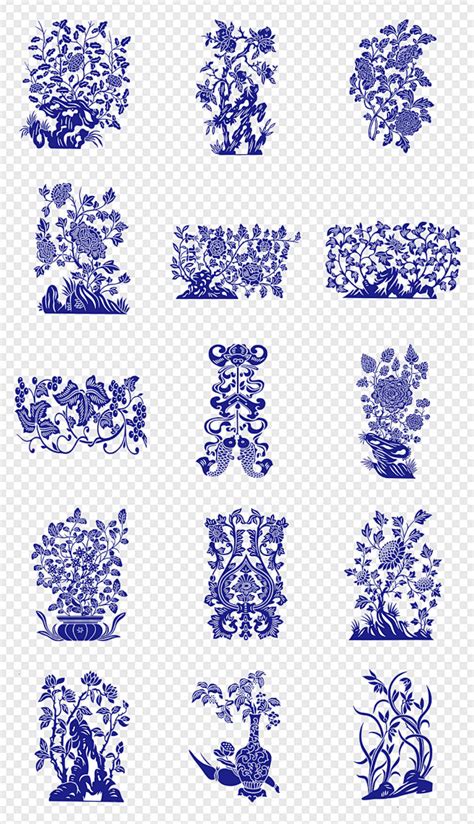 中国古典青花瓷花卉花瓶山水青花图案素材