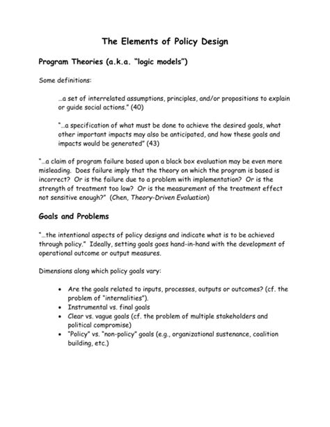 Elements Of Policy Design Program Theories And Implementation