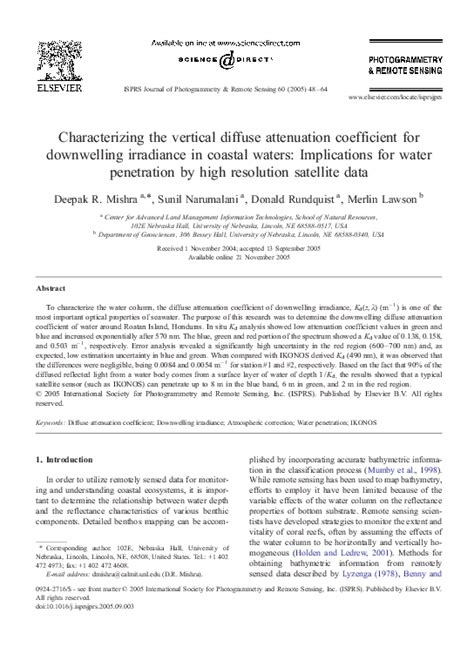 Pdf Characterizing The Vertical Diffuse Attenuation Coefficient For Downwelling Irradiance In
