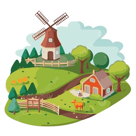 풍차와 헛간이 있는 농장 풍경이 있는 농지 클립 아트 플랫 만화 그림 벡터 농토 클립 아트 만화 Png 일러스트 및 벡터 에 대한 무료 다운로드 Pngtree