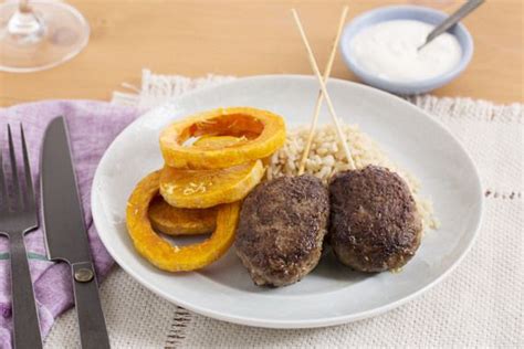 Spiced Beef Skewers With Roasted Squash Garlic Rice Recipe Beef Skewers Spiced Beef