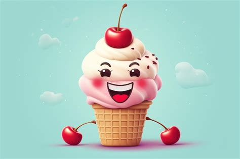 Un Helado De Dibujos Animados Con Una Cara Sonriente Y Una Cereza