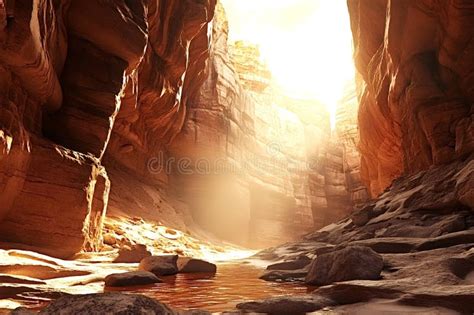 Sunlight Entering Narrow Canyon With Stream Flowing Through It Stock