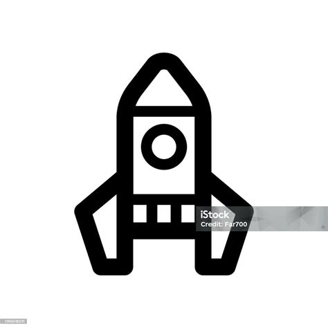 로켓 아이콘 우주선 블랙 윤곽 선형 실루엣 수직 측면 보기입니다 벡터 간단한 평면 그래픽 그림 흰색 배경의 격리된 개체입니다