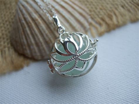 Sea Glass Marble Necklace Silver Plated Lotus Pendant White Etsy Uk
