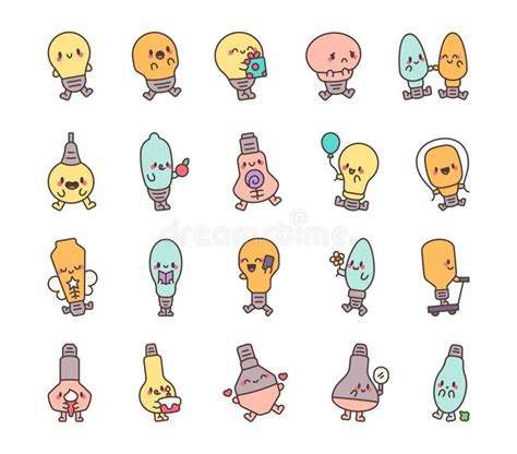 Set Of Adorable Light Bulb Cartoon Characters Stock Vector