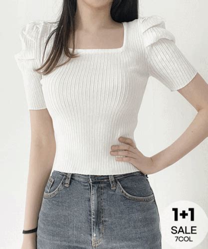 청순여리핏직각어깨 스퀘어 어깨 셔링 슬림핏 골지 니트 반팔 티셔츠 7col 기본티 에이블리