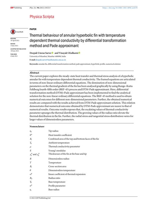 Thermal Behaviour Of Annular Hyperbolic Fin With Temperature Dependent Thermal Conductivity By