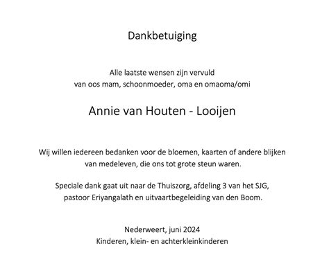 Dankbetuiging Annie Van Houten Looijen Nederweert24