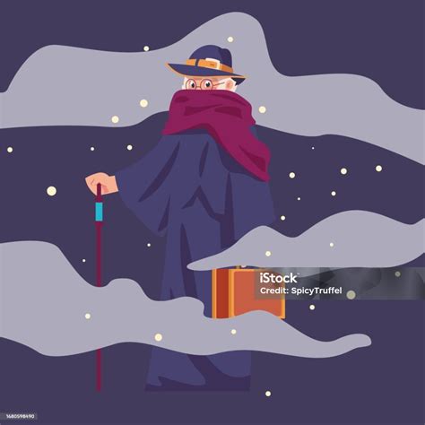 만화 마법사 가운을 입고 지팡이 여행 가방 모자를 쓴 남성 별과 구름이 있는 밤하늘 마법의 마스코트 재미있는 사람 마법사 또는 수수께끼의 연금술사 벡터 요술 귀여운 남자