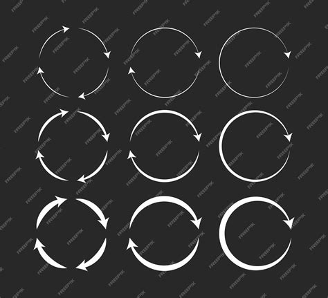 검은 배경에 고립 된 원형 화살표의 벡터 집합입니다 화살표와 회전하는 로딩 기호를 회전합니다 프리미엄 벡터