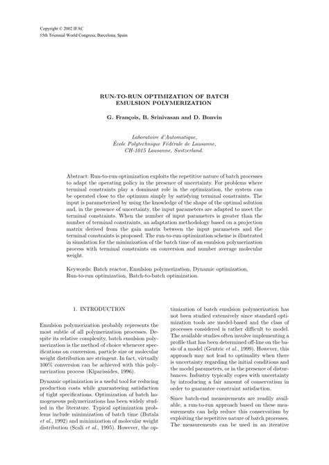 Pdf Run To Run Optimization Of Batch Emulsion Polymerization