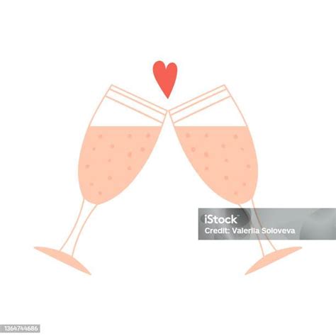 두 개의 안경이 깜박입니다 음료 와인 로맨스의 상징 사랑 발렌타인 데이장식 요소입니다 흰색 배경에서 격리된 색상 벡터 그림입니다 사랑에 대한 스톡 벡터 아트 및 기타 이미지