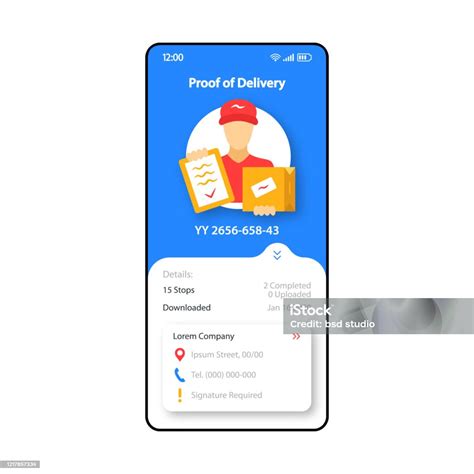 交付證明智慧手機介面向量範本移動應用頁面藍白設計佈局快遞服務螢幕用於應用程式的平面 Ui包裹運輸手機顯示向量圖形及更多證物圖片 Istock
