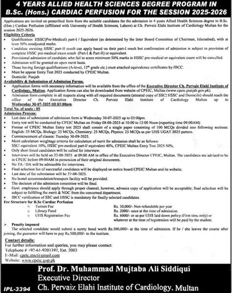 Ch Pervaiz Elahi Institute Of Cardiology Cpeic Admission 2025 For