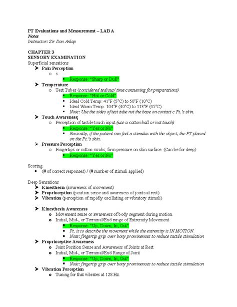 Pt Eval Lab Notes 1 For Evlua Pt Evaluations And Measurement Lab