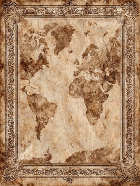 Old Parchment Map With Decorative Borders Showing Continents And