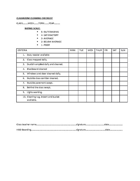 Classroom Cleaning Checklist Classroom Cleaning Checklist Studocu