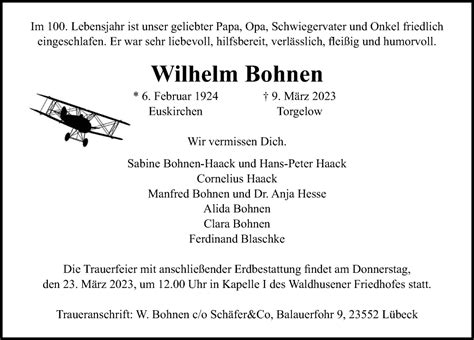 Traueranzeigen Von Wilhelm Bohnen Trauer Anzeigende