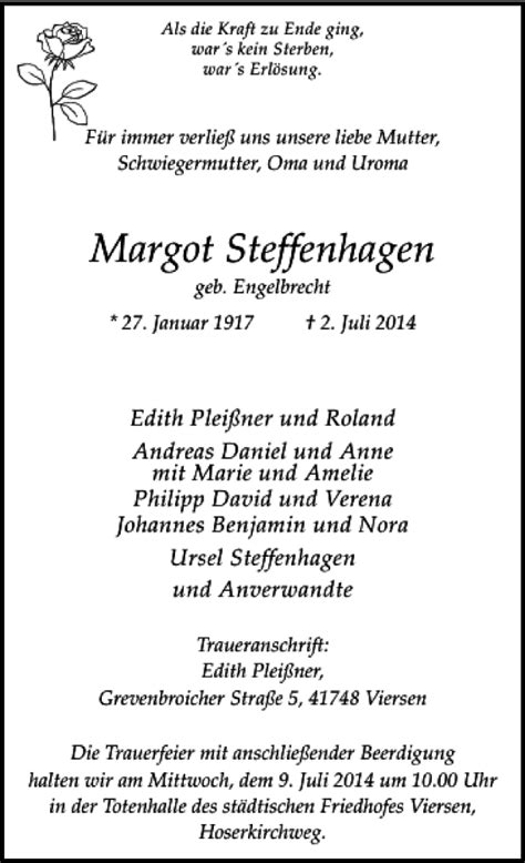Alle Traueranzeigen Für Margot Steffenhagen Trauerrp Onlinede