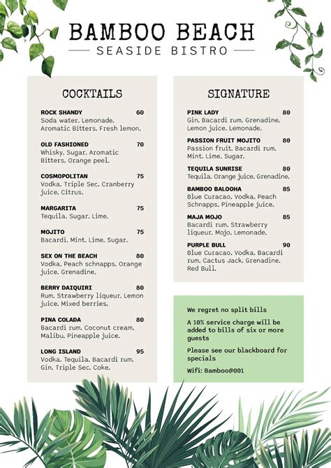 Menu At Bamboo Beach Restaurant Sandbaai