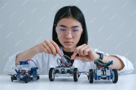 Female Engineer Assembling Robotics Kits Modern Lab Stem Education