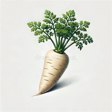 A Digitally Rendered Parsnip With Vibrant Green Leaves Against A Plain Background Stock