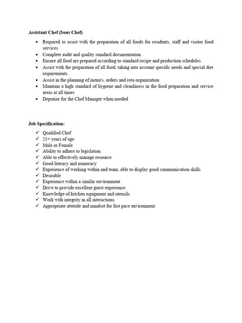 Assistant Chef And Cook Pdf Chef Kitchen