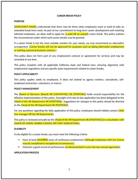 Career Break Policy California Free Template