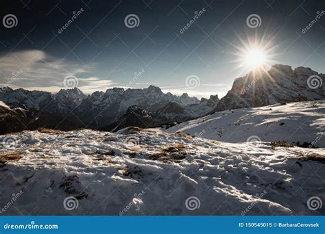 Panoramic Scenic Landscape High Snowy Peaks In Tre Cime Di Lavaredo