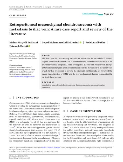 Pdf Retroperitoneal Mesenchymal Chondrosarcoma With Metastasis To