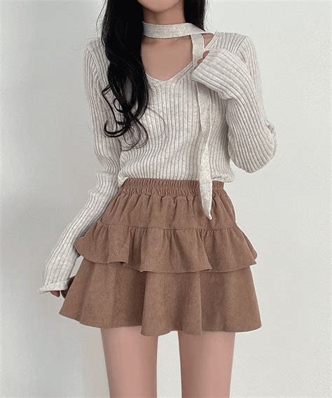 [초커set 데이트룩 ] 손등 덮는 여리함~ 브이넥 타이 스카프 머플러 골지 니트 긴팔 티셔츠 에이블리