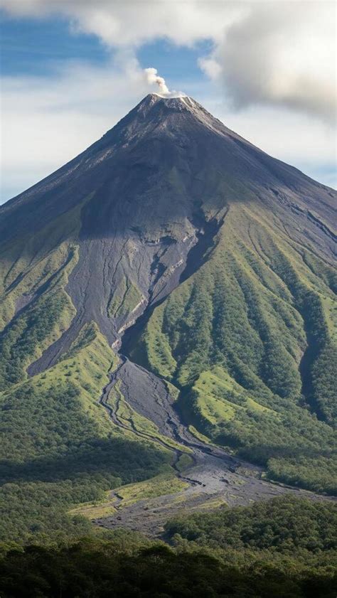 A Towering Volcanic Cone With Green Ridges And A Small Plume Rising