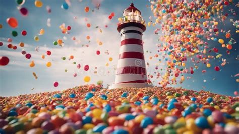 Lighthouse Is Being Hit By A Large Wave Of Candy That Is Spilling Over It Stock Illustration