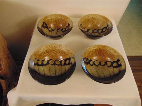 Vintage Mid Century Modern Signed Pottery Stoneware Rare 4 Bowls 6 3 4
