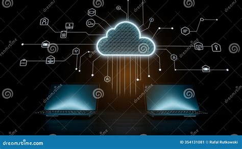Cloud Computing Network Connecting Two Laptops Data Transfer And Digital Infrastructure Concept