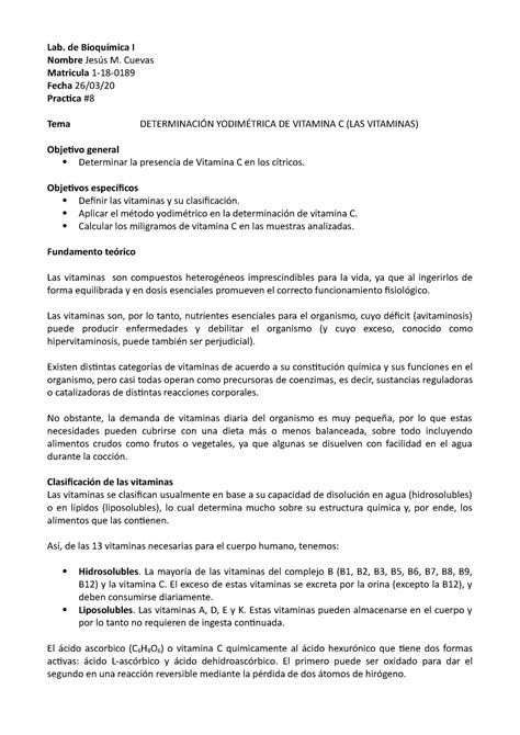 Lab bioquímica determinación yodimetrica de vitamina C Lab de Bioquímica I Nombre Jesús M