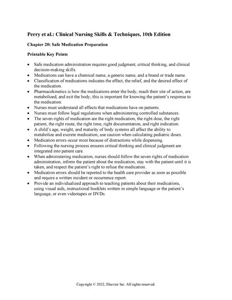 Key Points Chapter 20 Safe Medication Administration Copyright © 2022