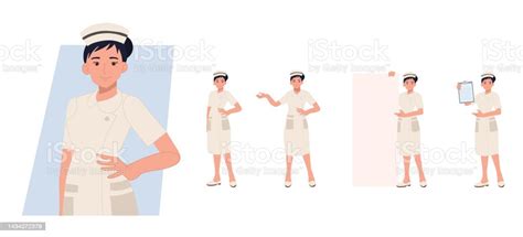 다른 포즈와 감정에서 여성 간호사의 캐릭터 세트 벡터 만화 일러스트 레이 션 간호사에 대한 스톡 벡터 아트 및 기타 이미지