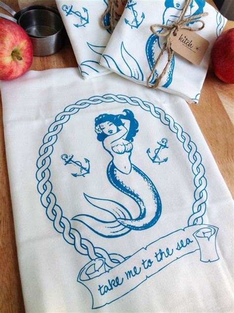 Mermaid Pin Up Tea Towel Retro Flour Sack Nautical By Kitchtowels 8
