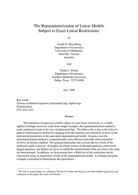 Pdf The Reparametrization Of Linear Models Subject To Exact Linear
