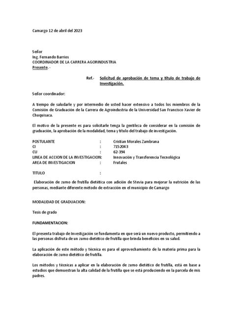 Carta Solicitud De Aprobacion Para Tesis Pdf