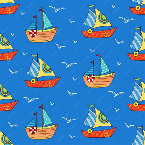 Premium Vector Vector Seamless Pattern With Cute Ship