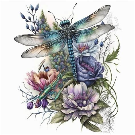 Premium Photo A Dragonfly And Flowers Tattoo Design Generative Ai