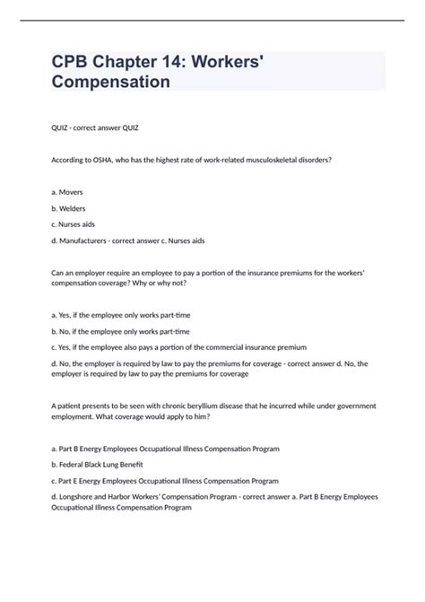Cpb Chapter 14 Workers Compensation Fully Solved 20232024 Aapc Cpb Stuvia Us