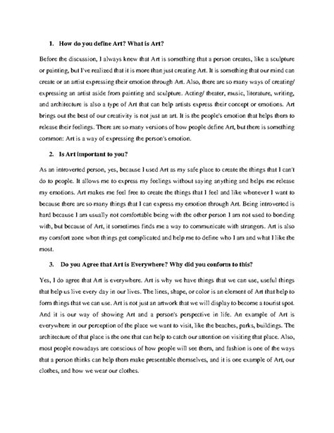Art Appreciation Journal And Reflection 1 How Do You Define Art