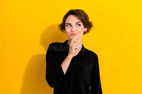 Photo Of Cute Millennial Short Hair Lady Look Empty Space Wear Black