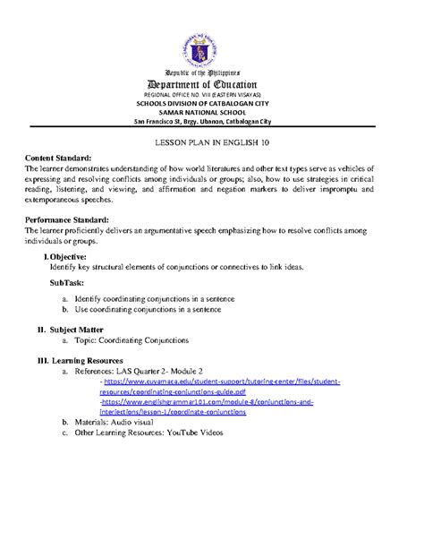 Lesson Plan Coordinating Conjunction Republic Of The Philippines